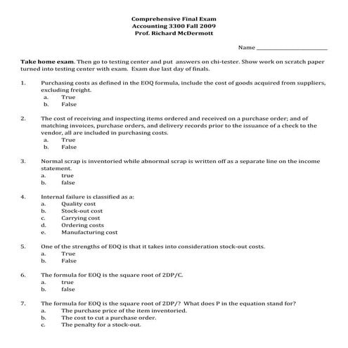 Comprehensive Final Exam Accounting 3300 Fall 2009 Prof. Richard ... | DOCX