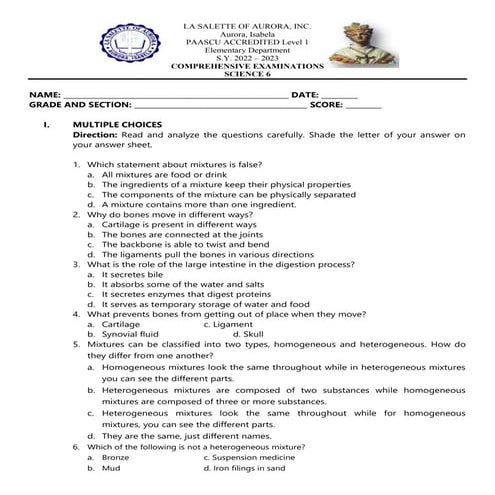 comprehensive exam science 6 checked already | DOCX