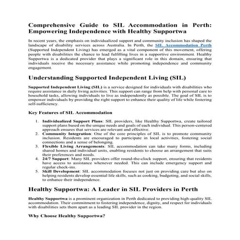 Comprehensive Guide to SIL Accommodation in Perth: Empowering Independence with Healthy ...