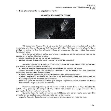 Comprensión lectora. el apagón de nueva york | PDF