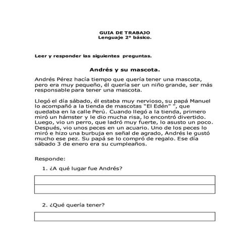 Comprension de lectura las mascotas | DOCX