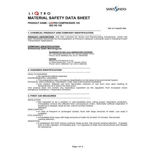 Compressor ISO VG 150 (Material Safety Data Sheet) | PDF