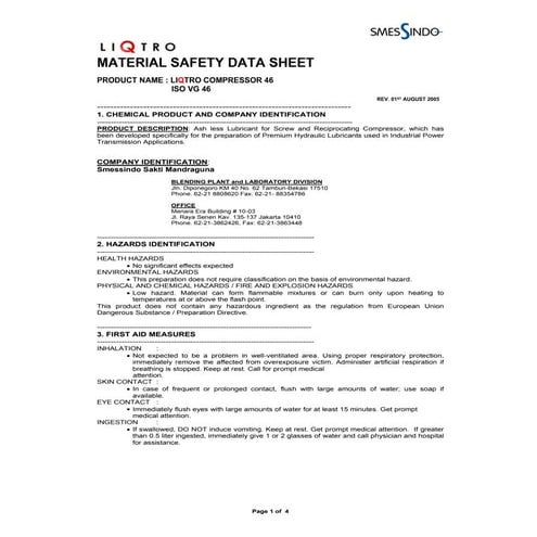 Compressor ISO VG 46 (Material Safety Data Sheet) | PDF