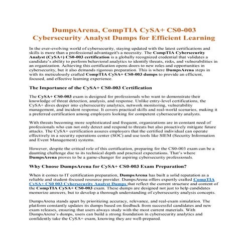 DumpsArena, CompTIA CySA+ CS0 003 Cybersecurity Analyst Dumps – No More Failures | PDF