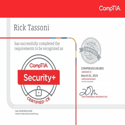 Comptia Security+ ce certificate (Rick Tassoni - March 2019) | PDF | IT ...