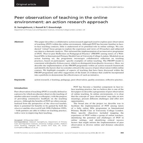 Computer Assisted Learning - 2008 - Swinglehurst - Peer observation of teaching in the online ...