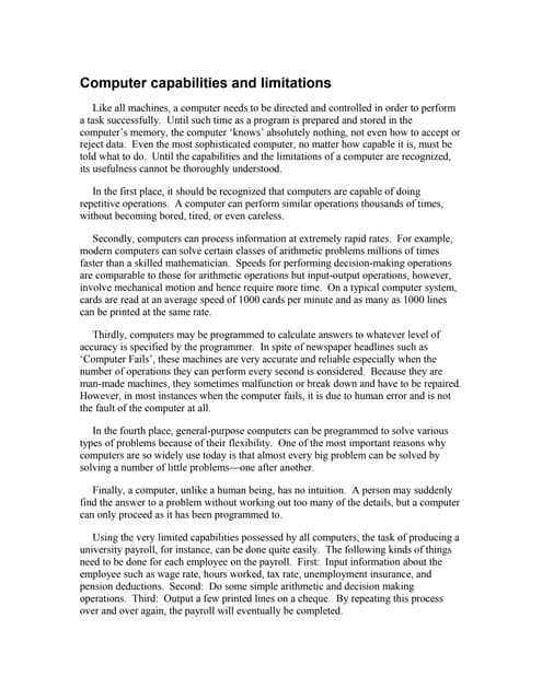 Capabilities and limitations of computer | PPTX | Technology & Computing