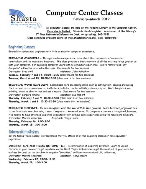 FREE COMPUTER CLASSES- January 2015- March 2015 computer workshop schedule | PDF