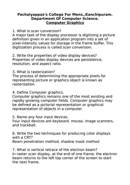 Computer Graphics Short Questions Pdf