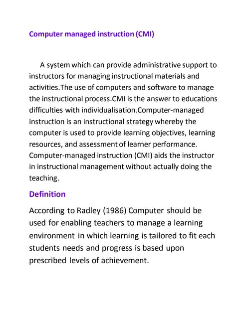 COMPUTER MANAGED INSTRUCTION | PPTX | Education industry | Industries