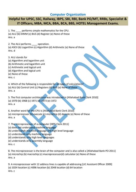 Memory Organization MCQ Questions and Answers | PDF