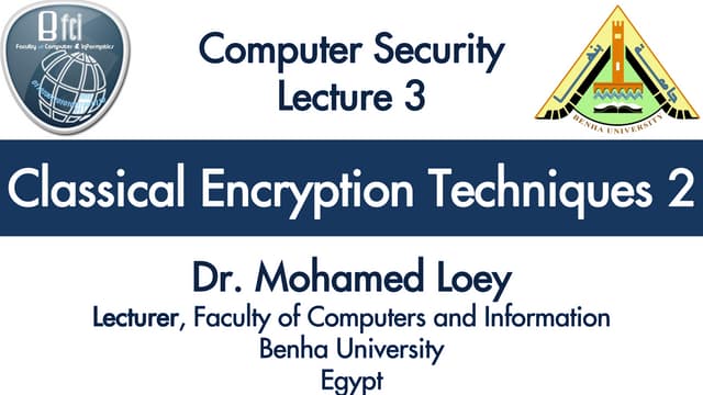Computer Security Lecture 3 Classical Encryption Techniques 2 Ppt