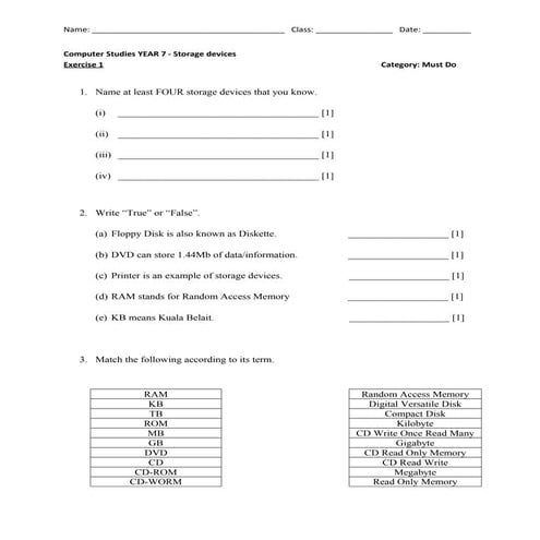 Computer studies year 7 exercise (easy) | DOC | Data Storage and ...