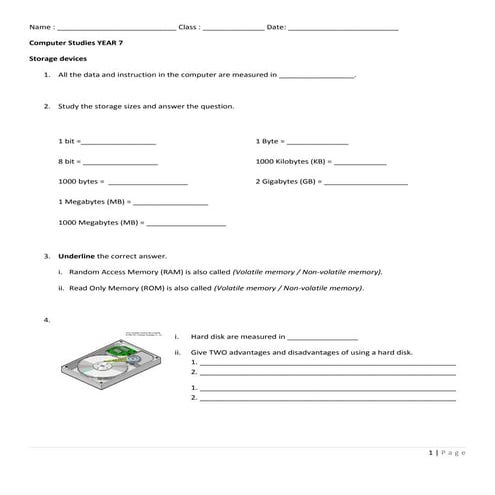 Computer studies year 7 exercise (hard) | PDF
