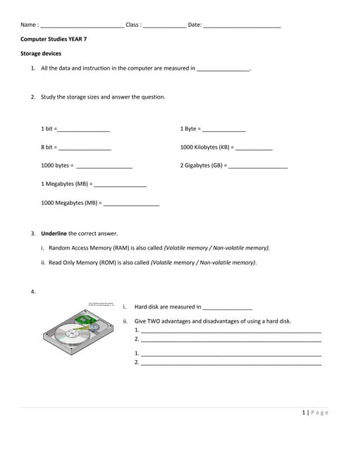 Computer studies year 7 exercise (medium) | DOC