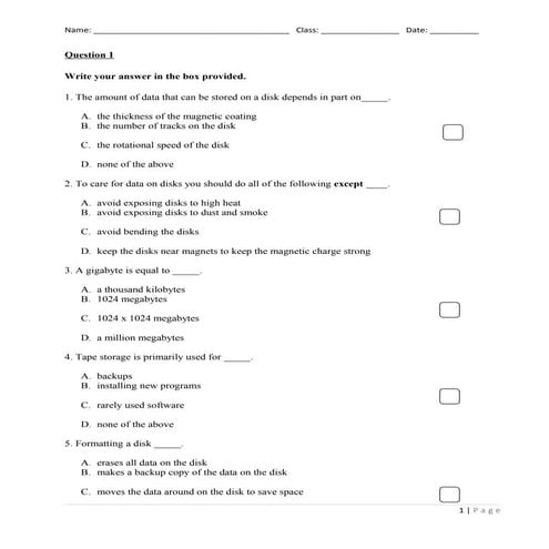 Computer studies year 7 exercise (medium) | DOC