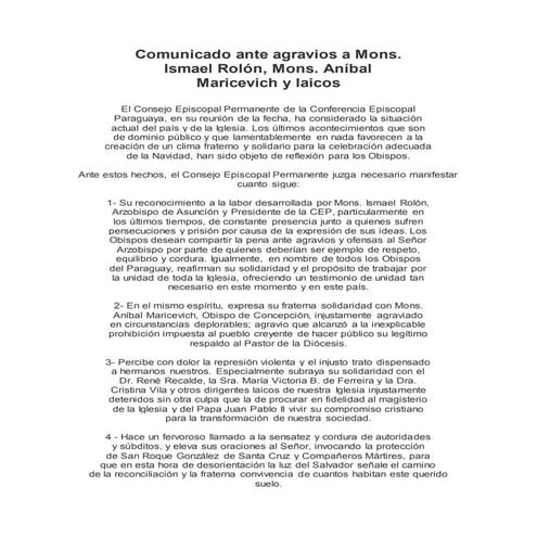 Comunicado ante agravios a Mons. Ismael Rolón, Mons. Aníbal Maricevich ...