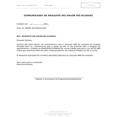 Comunicado De Reajuste Do Valor Do Aluguel Pdf