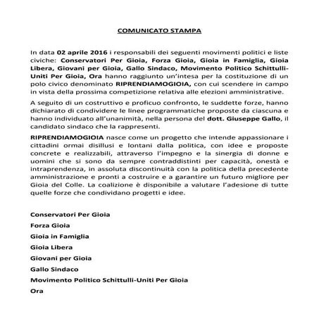 Comunicato stampa riprendiamogioia | PDF
