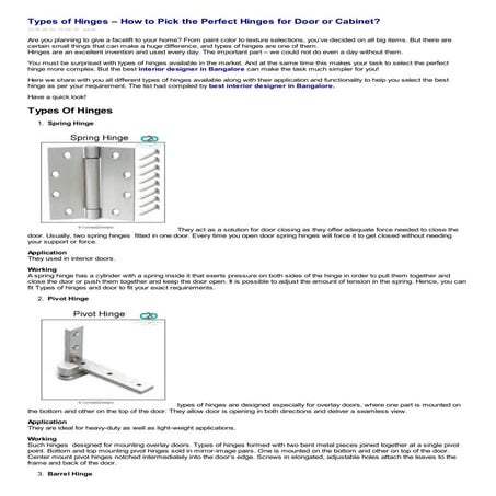 TYPES OF HINGES – HOW TO PICK THE PERFECT HINGES FOR DOOR OR CABINET? | PDF
