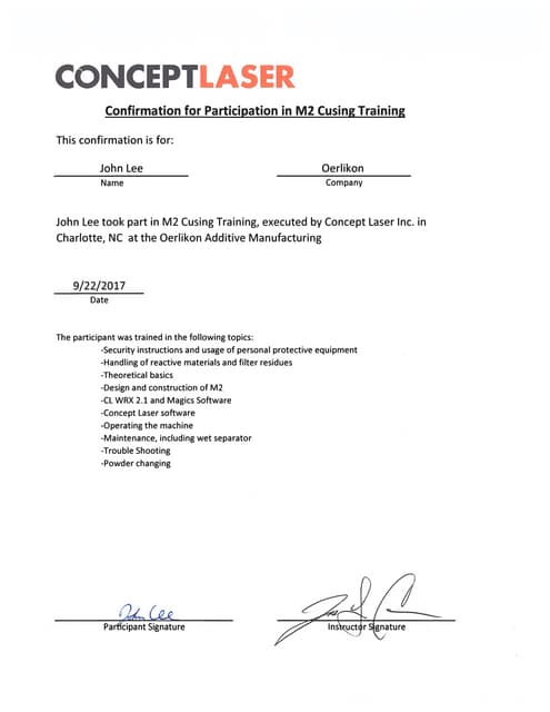 Certificate of Level 1 Rhinoceros 3D CAD classroom course at Robert ...