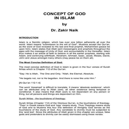 Concept of god in islam by Zakir Naik | DOC
