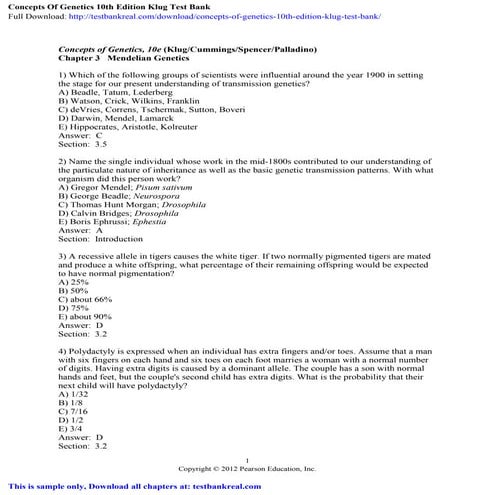 Concepts of Genetics 10th Edition Klug Test Bank | PDF