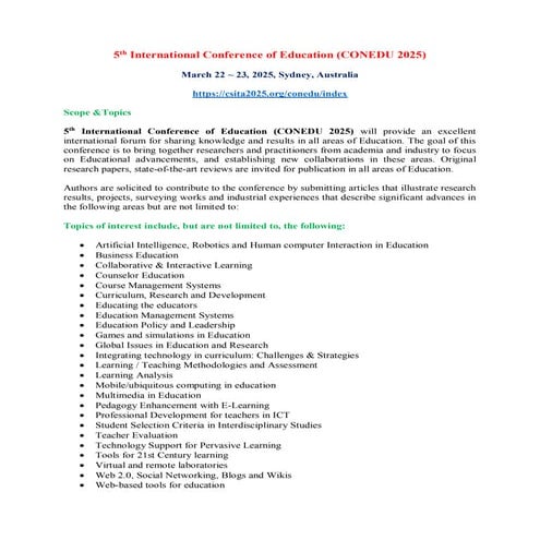 5th International Conference of Education (CONEDU 2025) | PDF