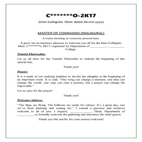 Compering script for Inter-Collegiate Meet | DOCX