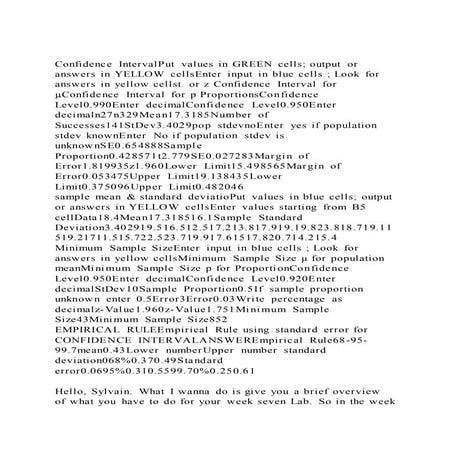 Confidence interval put values in green cells; output or answers in | PDF