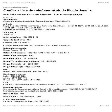 Confira a lista de telefones úteis do rio de janeiro | PDF