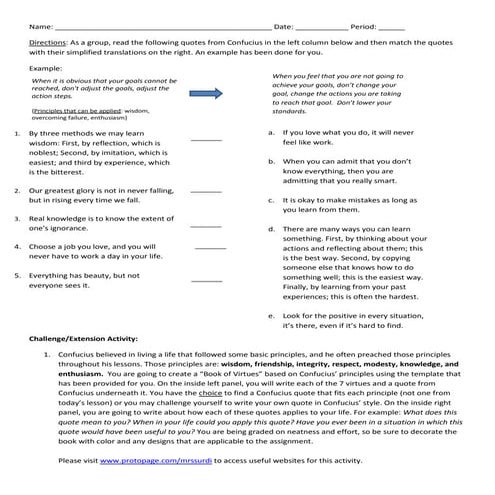 Confucius classwork sheet | PDF