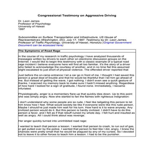 Congressional Testimony On Aggressive Driving | PDF
