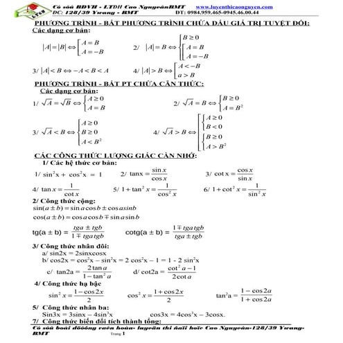 Nhung cong thuc luong giac co ban | DOC