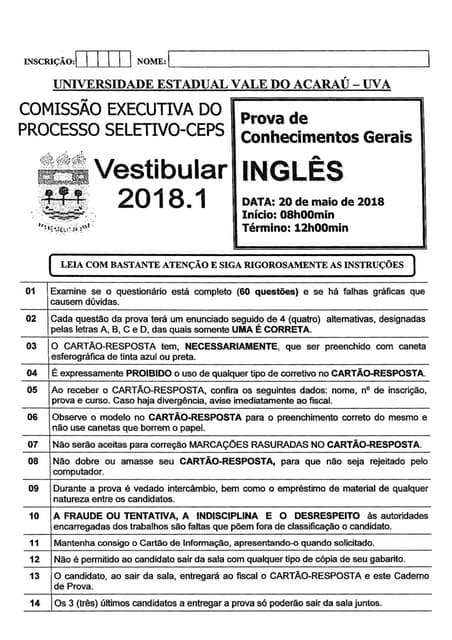 Gabarito OFICIAL DA PROVA UVA 2018.1 | PDF
