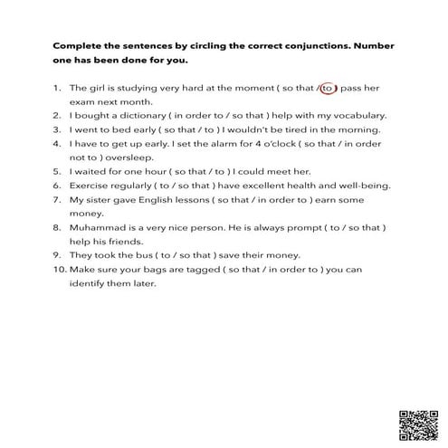 Conjunctions - to, so that, in order to | PDF