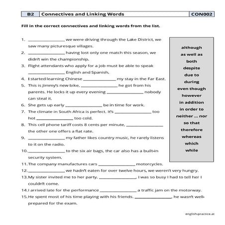 Connectives and linking words pdf worksheet - b2 - con002 | PDF