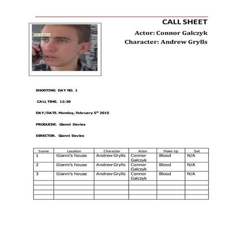 Connor call sheet | DOCX