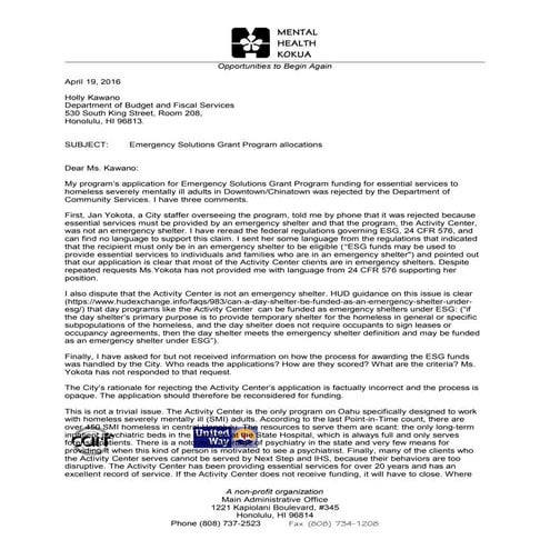 Letter to DCS from Mental Health Kokua | DOC