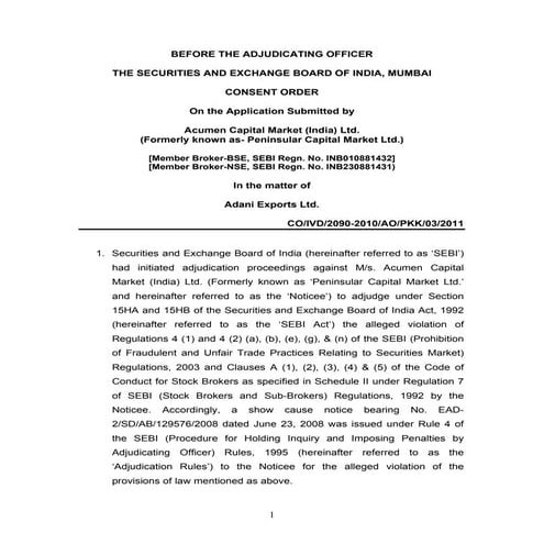 Consent Order in respect of Acumen Capital Market (India) Ltd. in the ...