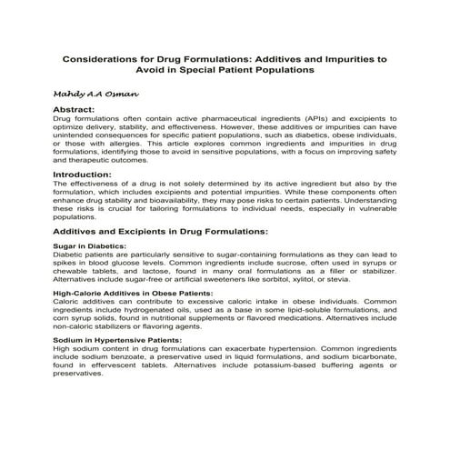 Considerations for Drug Formulations Additives and Impurities to Avoid ...