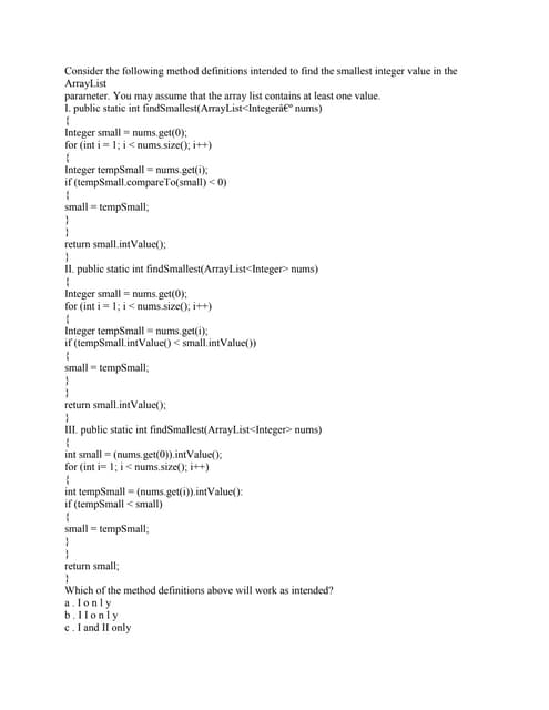 Consider The Following Method Definitions Intended To Find The Smallesdocx