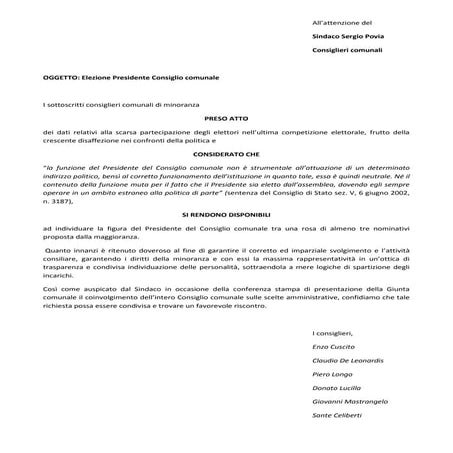 Consiglieri di minoranza scrivono a sergio povia | PDF