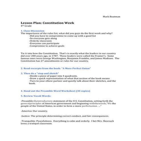 Constitution Lesson Plan: 4th Grade | DOCX