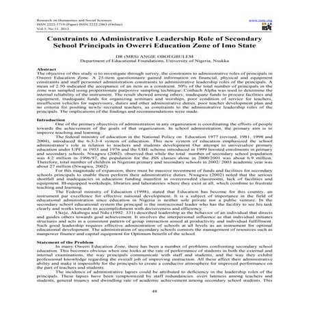 Constraints to administrative leadership role of secondary school principals in owerri education ...
