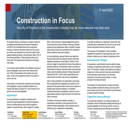 Construction in Focus - Security of payment during the COVID-19 pandemic | PPT