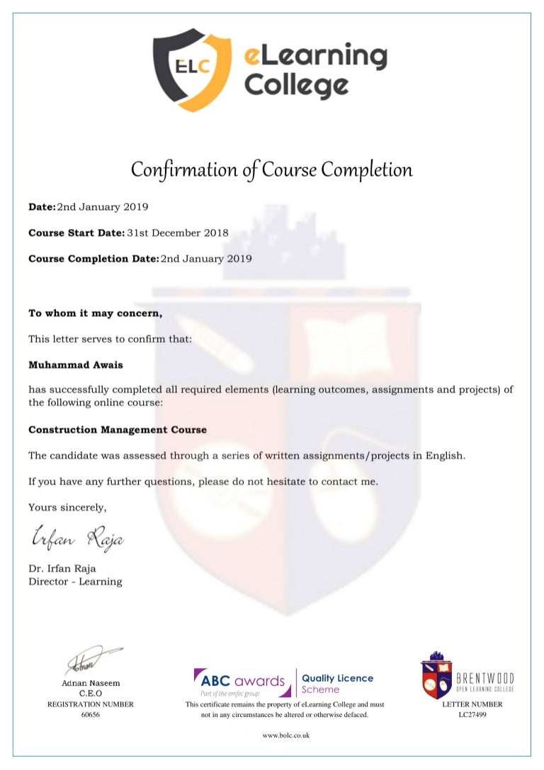 Certificate of Construction Management, UK