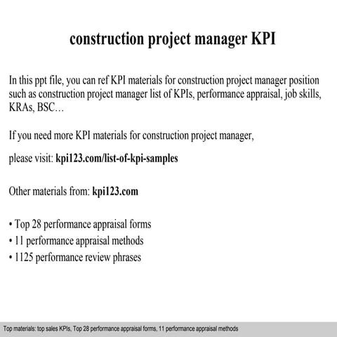 Construction project manager kpi | PPT