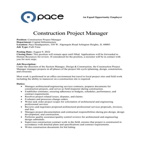 Pace Construction Project Manager | PDF