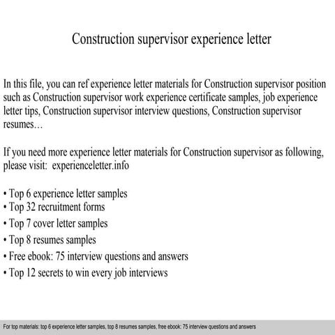 Construction supervisor experience letter | PPT